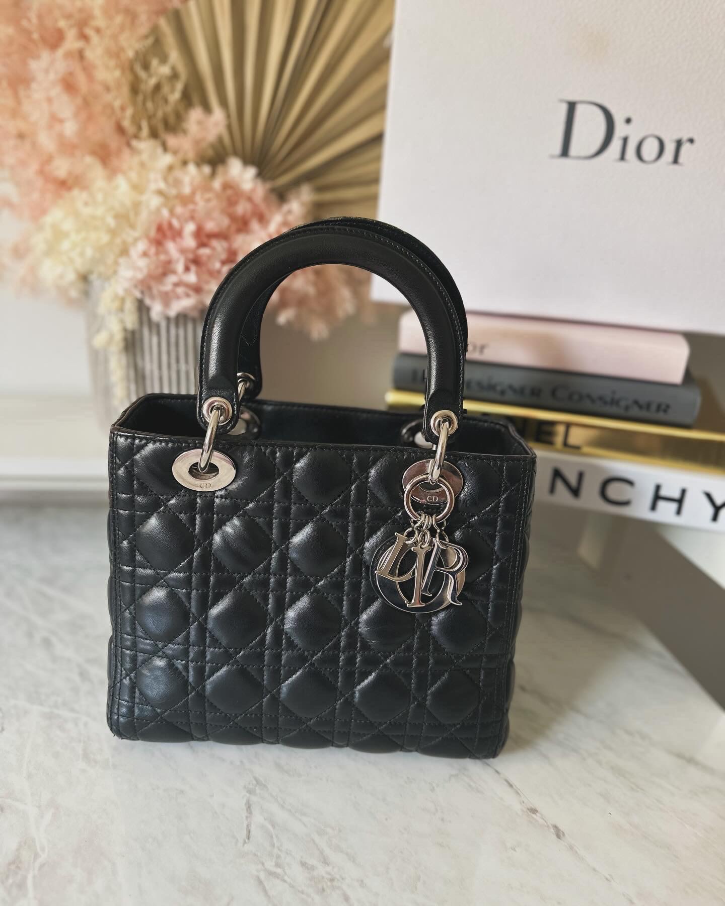 Christian Dior Lady Dior Black with gold hardware Medium size - The ...